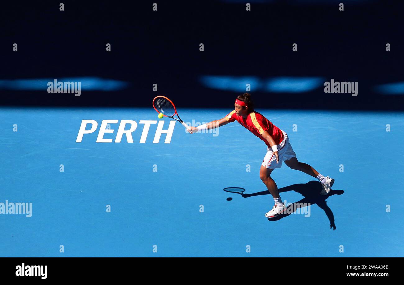 Perth, Australia. 3rd Jan, 2024. Zhang Zhizhen of China hits a shot to ...