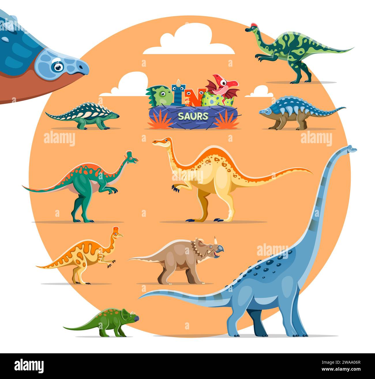 Cartoon dinosaurs cute characters. Hypacrosaurus, Nodosaurus ...