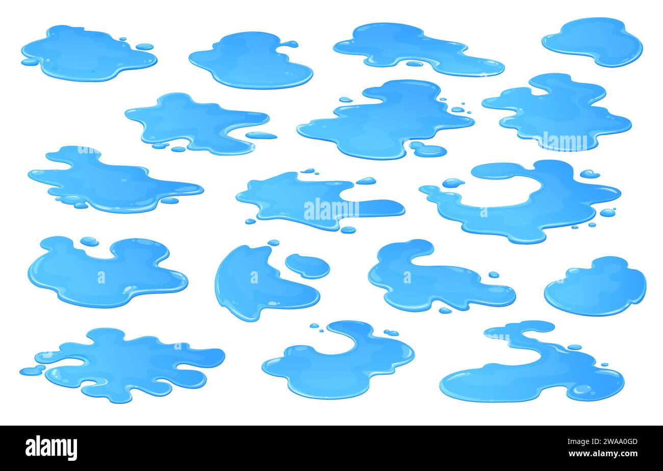 Cartoon rain water puddles. Blue liquid water splash, drop, spill and ...