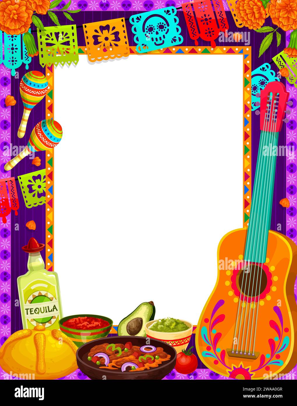 Mexican holiday frame with Tex Mex cuisine and musical instruments ...