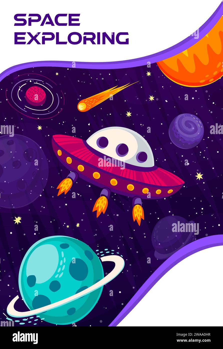 Space exploring poster. Cartoon UFO starship between starry galaxy ...