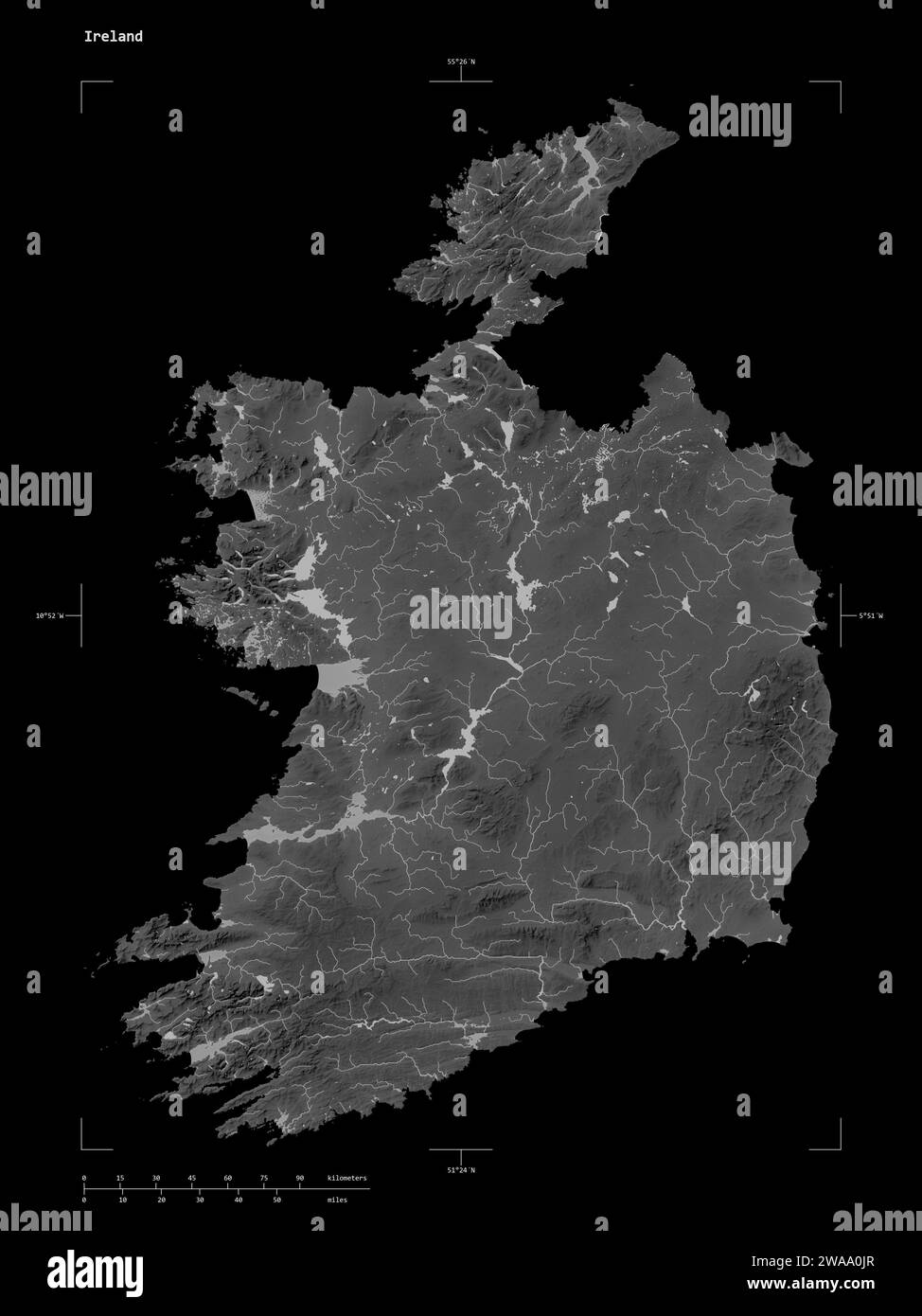 Shape of a Grayscale elevation map with lakes and rivers of the Ireland ...