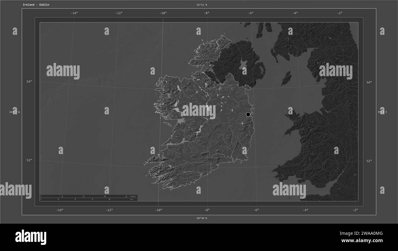 Ireland highlighted on a Bilevel elevation map with lakes and rivers ...