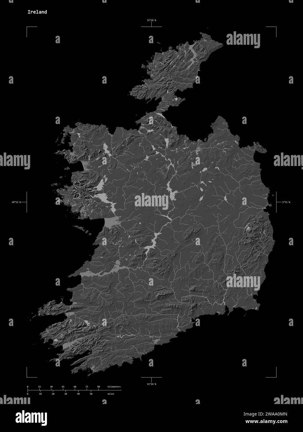 Shape of a Bilevel elevation map with lakes and rivers of the Ireland ...