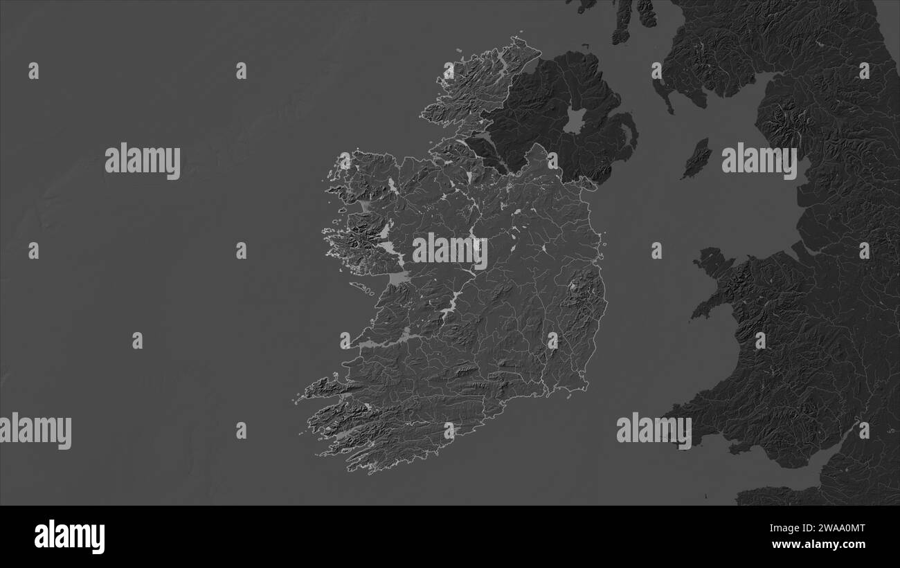 Ireland highlighted on a Bilevel elevation map with lakes and rivers ...