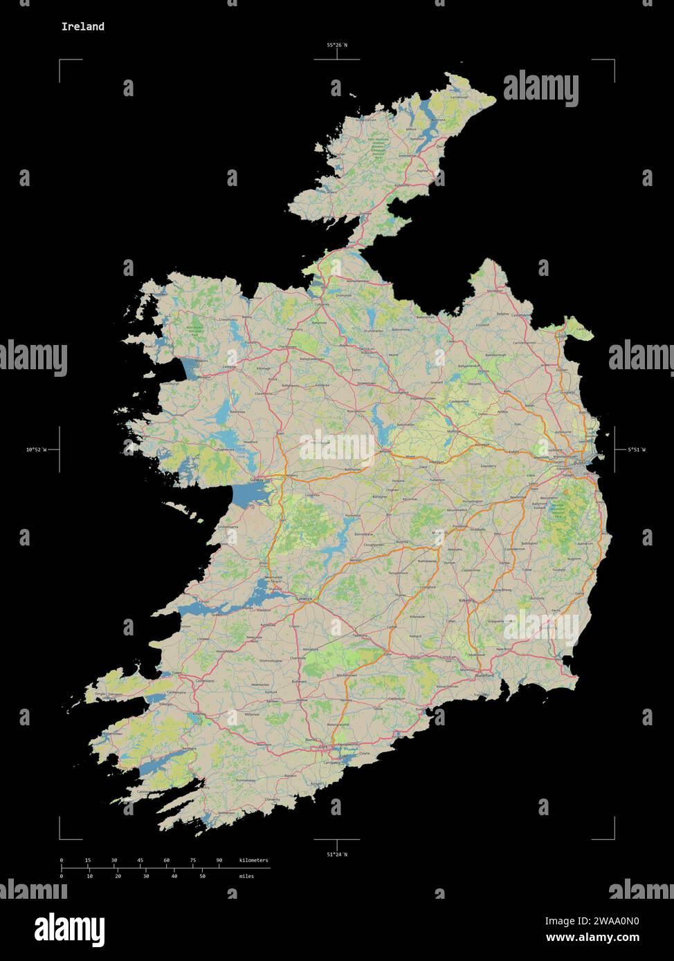 Shape of a topographic, OSM Germany style map of the Ireland, with ...