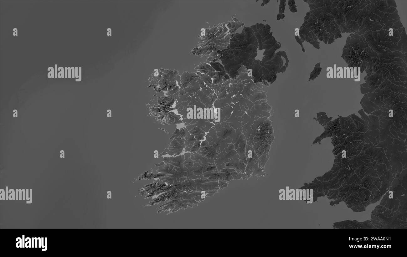 Ireland highlighted on a Grayscale elevation map with lakes and rivers ...