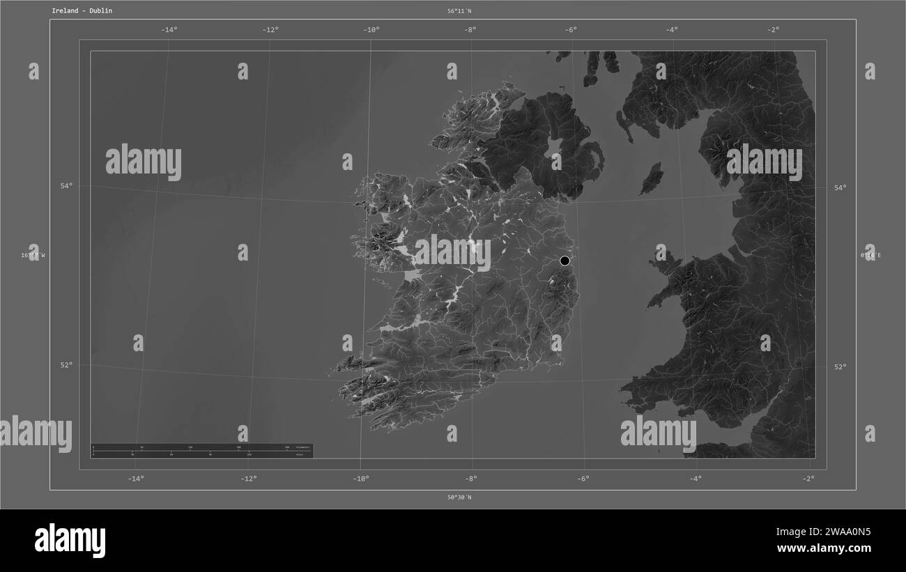 Ireland highlighted on a Grayscale elevation map with lakes and rivers ...