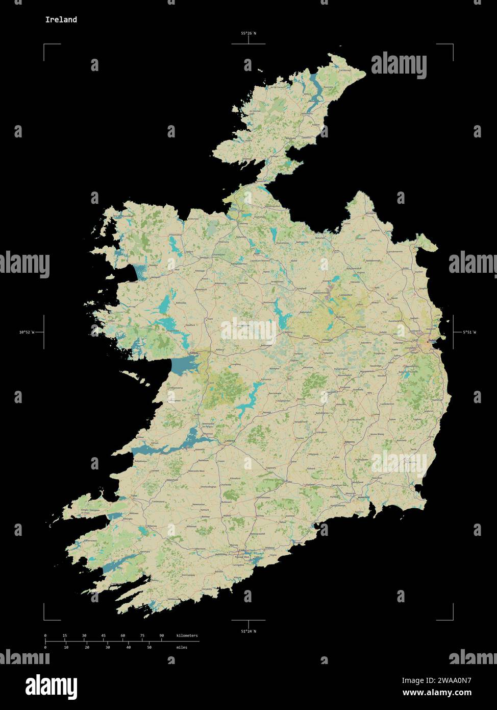 Shape of a topographic, OSM Humanitarian style map of the Ireland, with ...