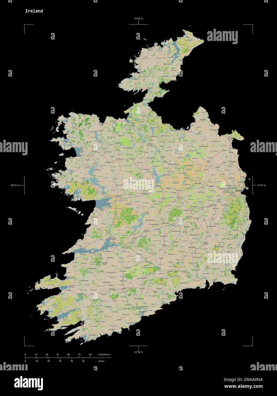 Shape of a topographic, OSM France style map of the Ireland, with ...