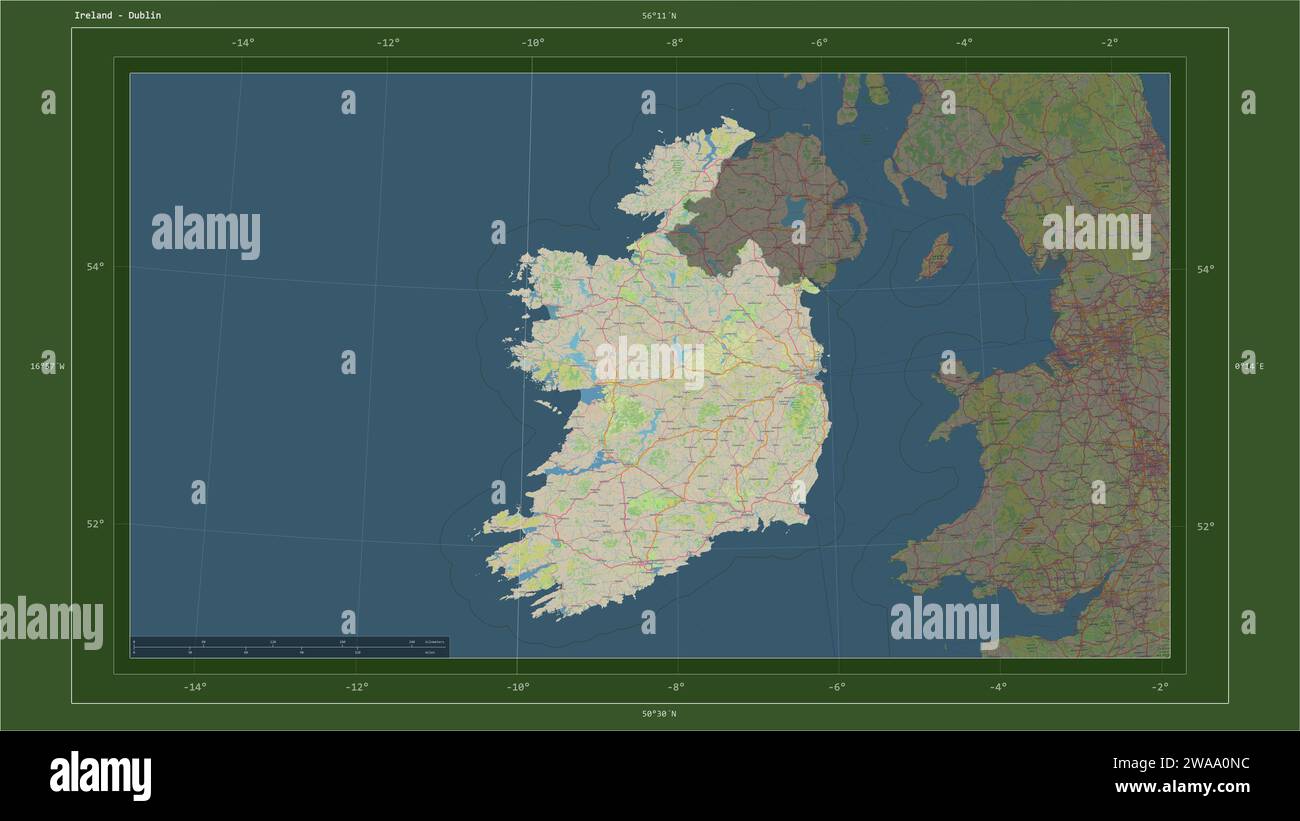 Ireland highlighted on a topographic, OSM Germany style map map with ...
