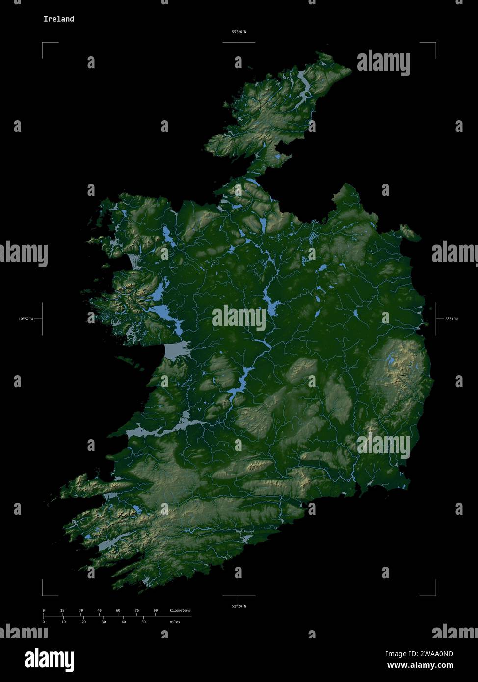 Shape of a Colored elevation map with lakes and rivers of the Ireland ...
