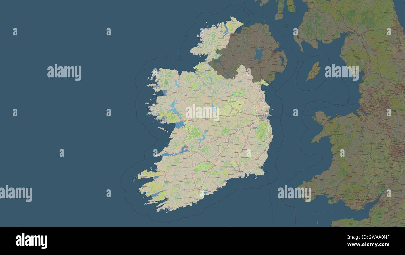 Ireland highlighted on a topographic, OSM standard style map Stock Photo - Alamy