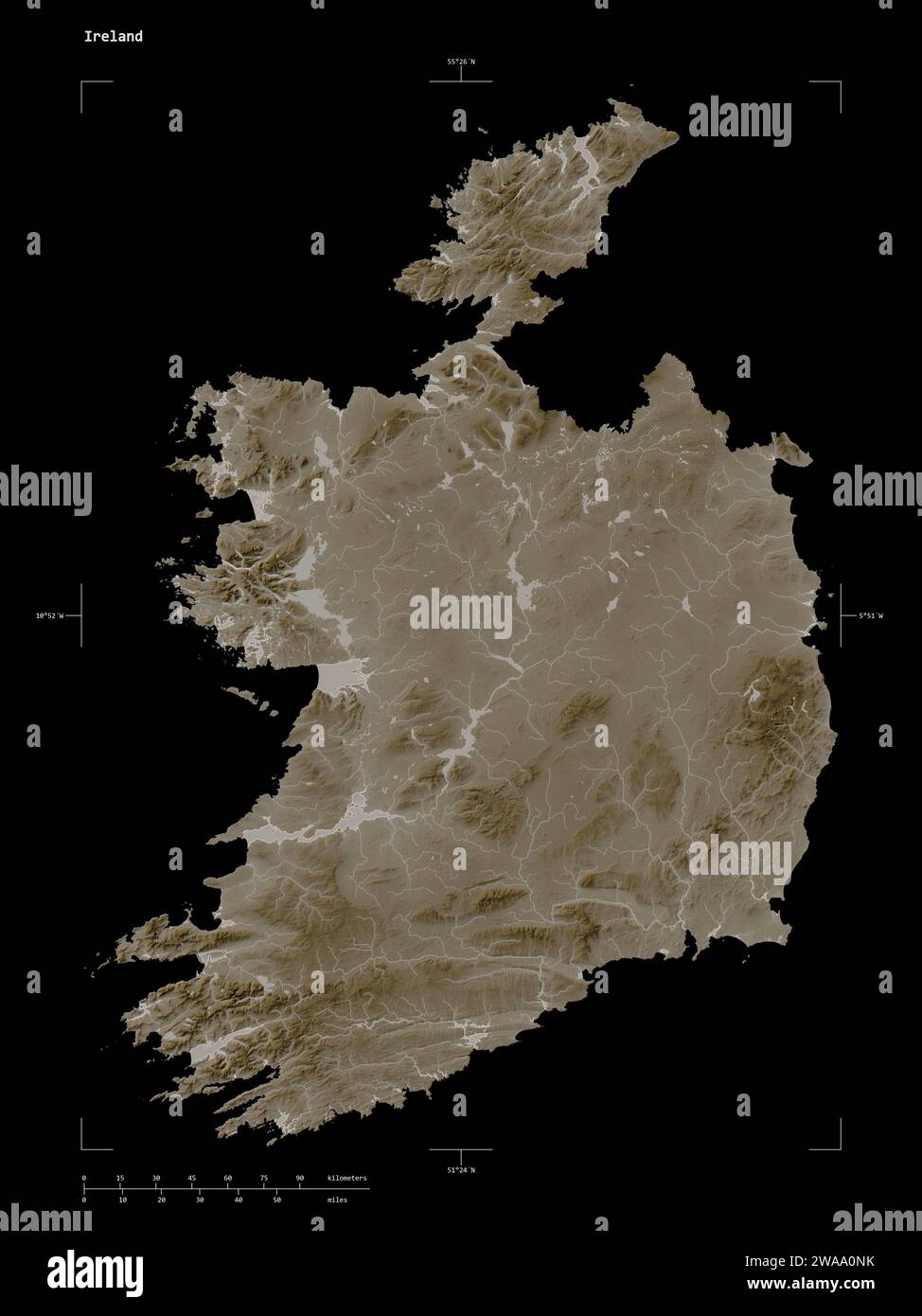 Shape of a elevation map colored in sepia tones with lakes and rivers ...