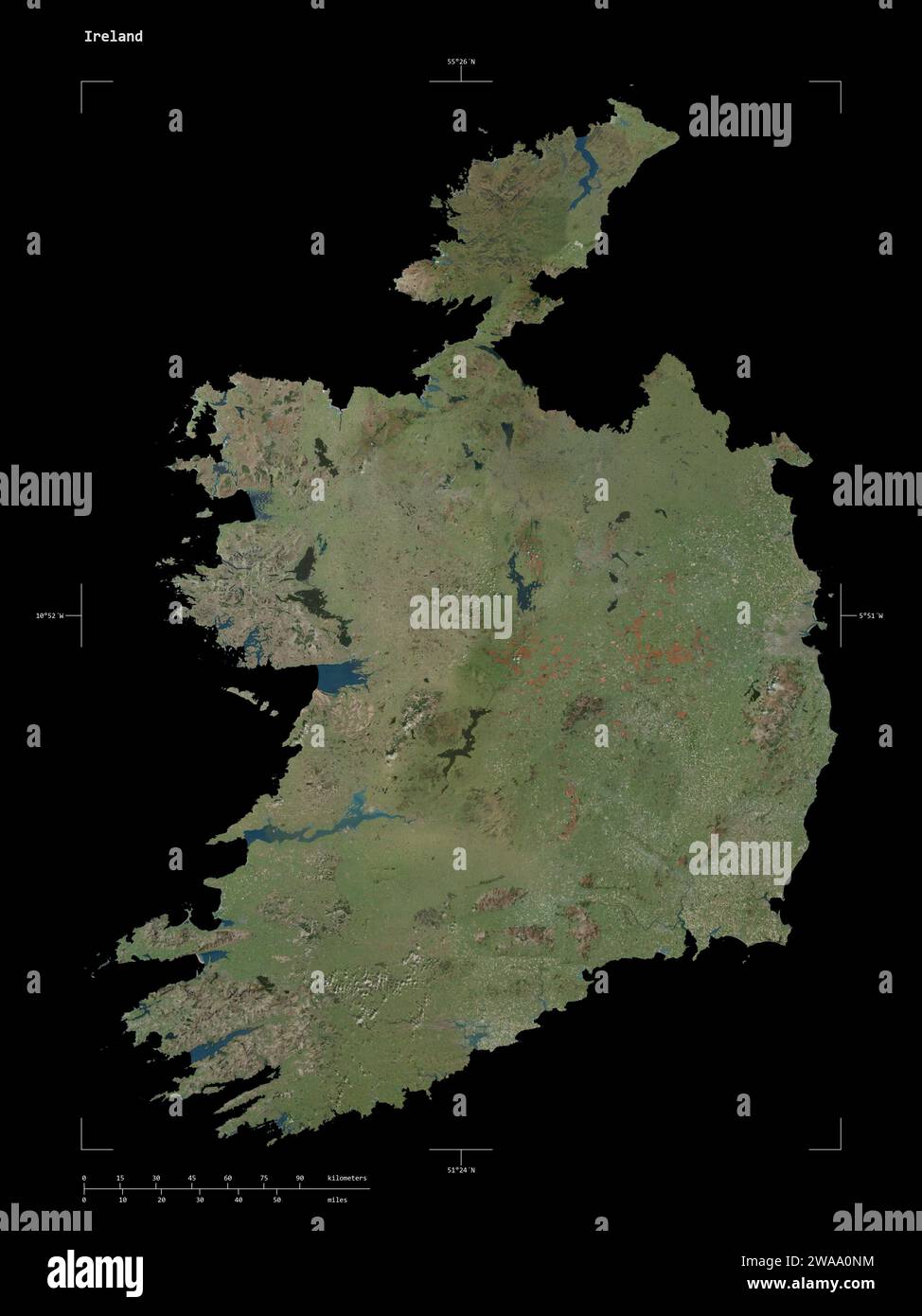 Shape of a high resolution satellite map of the Ireland, with distance ...
