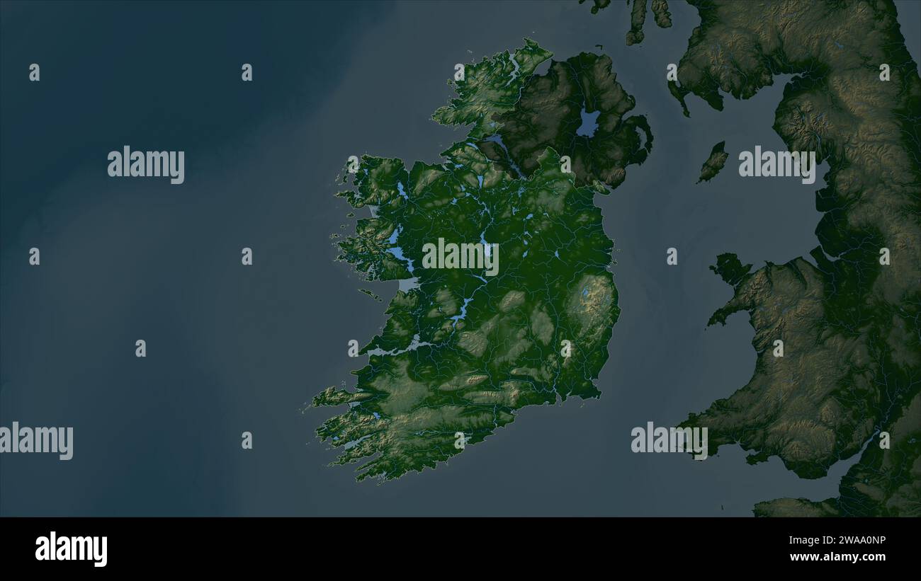 Ireland highlighted on a Colored elevation map with lakes and rivers ...