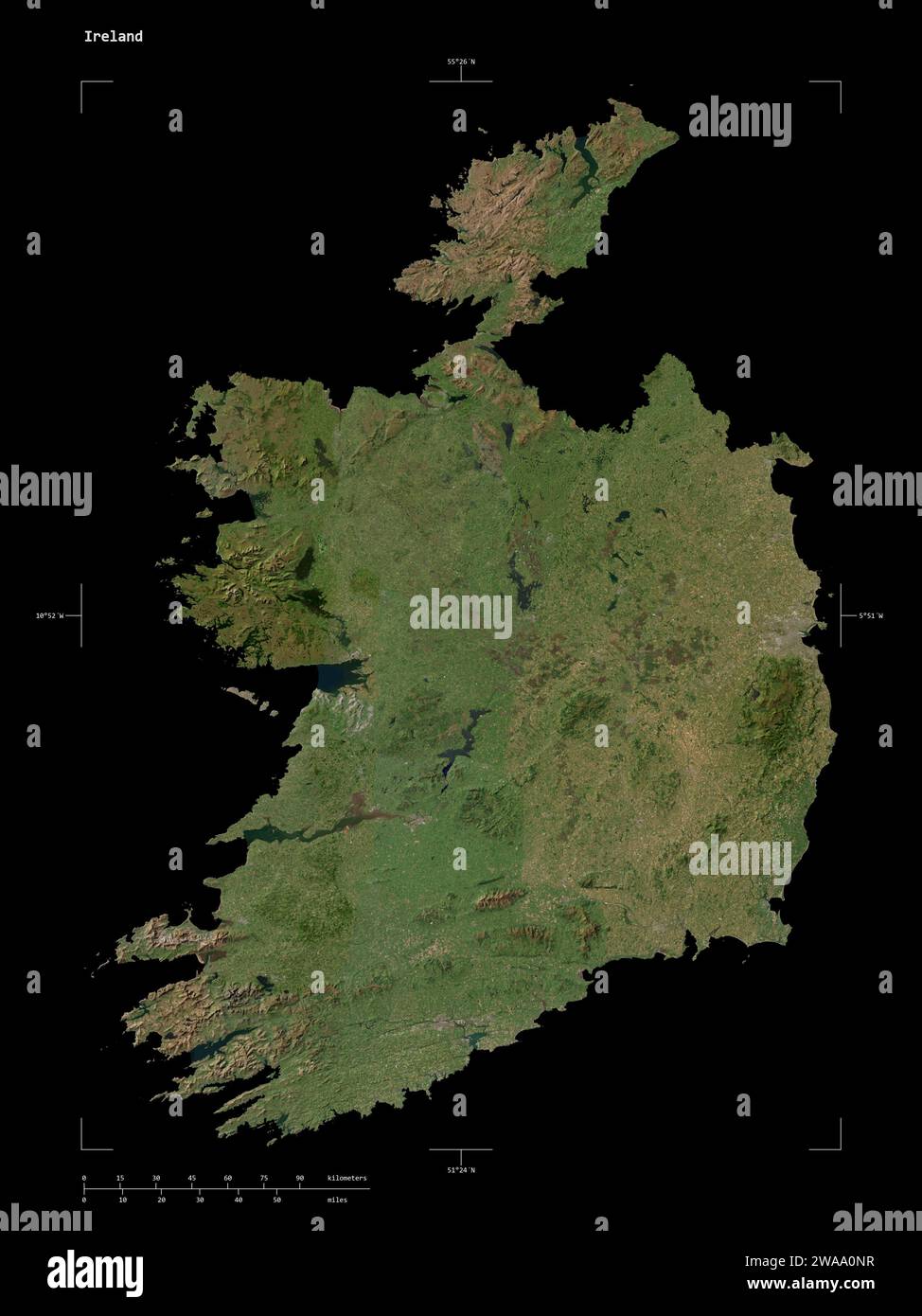 Shape of a low resolution satellite map of the Ireland, with distance ...