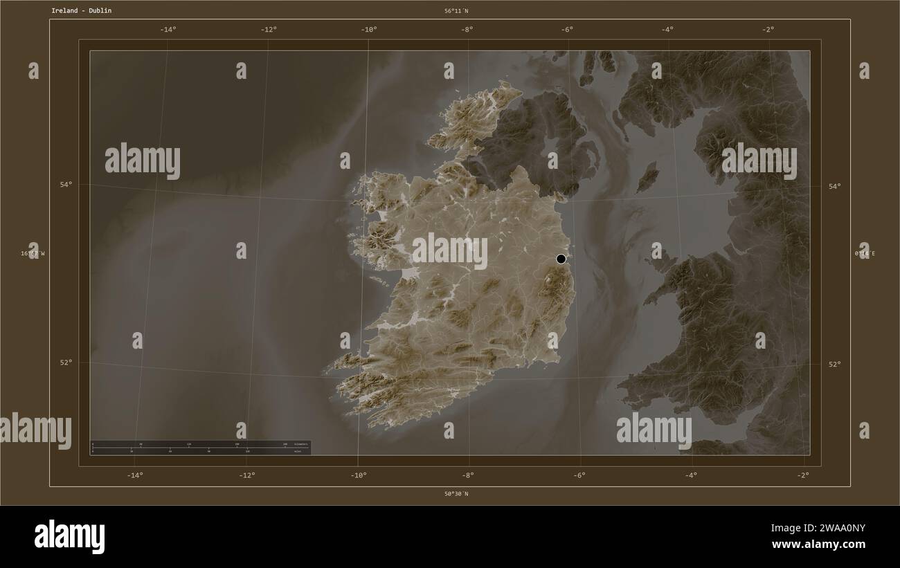 Ireland highlighted on a elevation map colored in sepia tones with ...