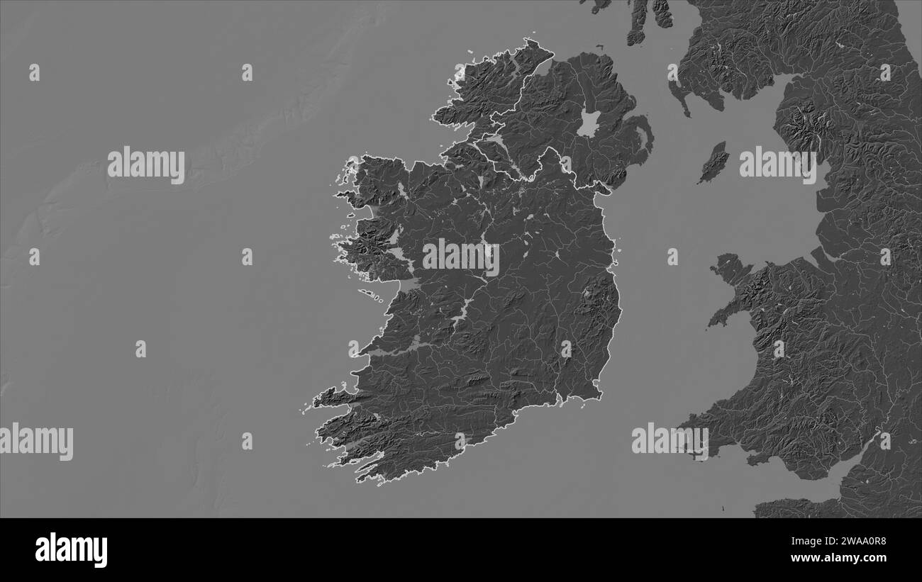 Ireland outlined on a Bilevel elevation map with lakes and rivers Stock ...