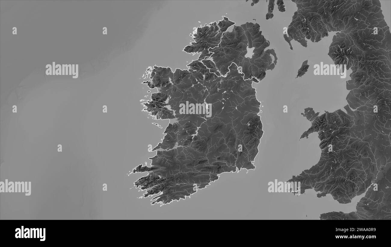 Ireland outlined on a Grayscale elevation map with lakes and rivers ...