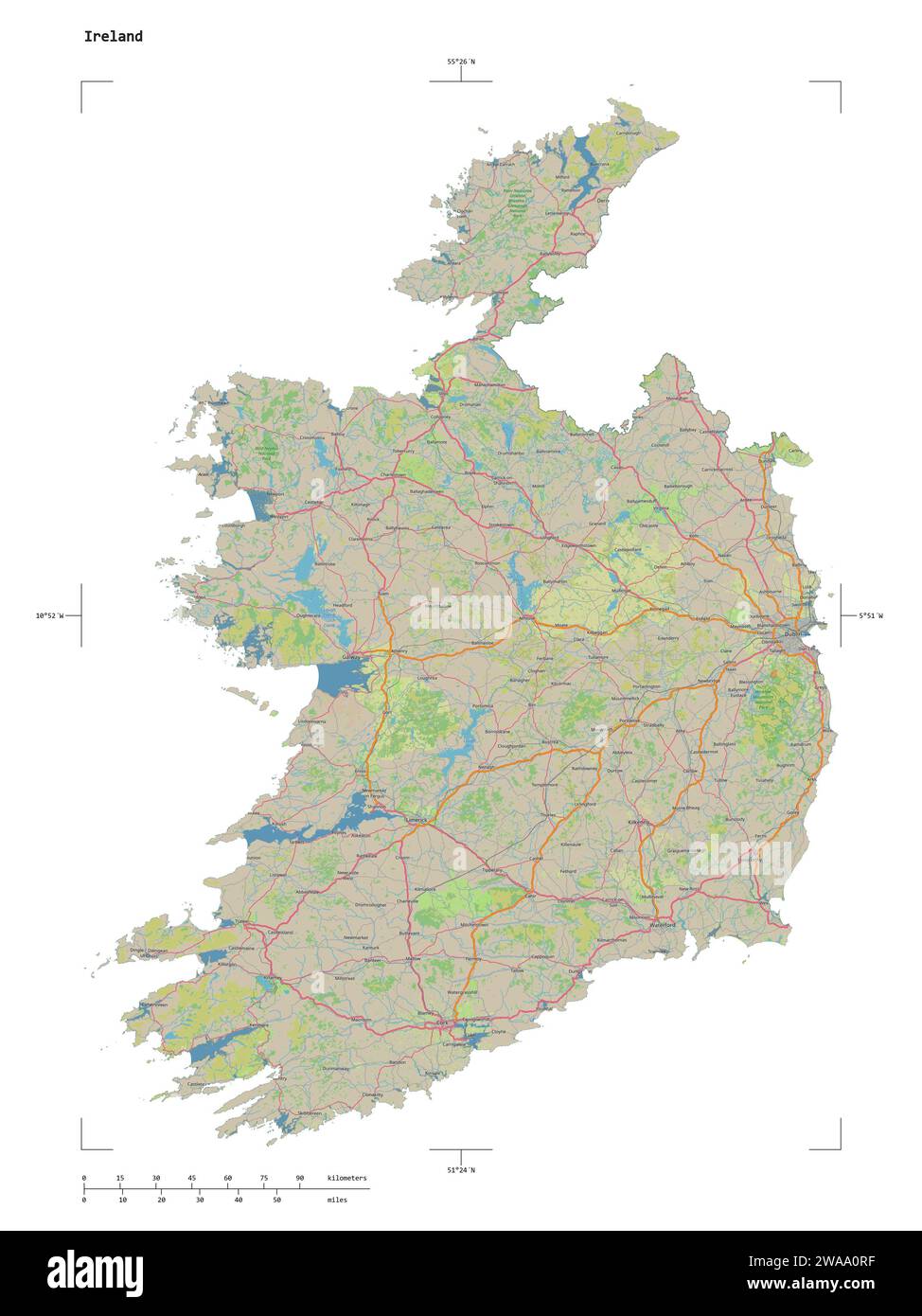 Shape of a topographic, OSM Germany style map of the Ireland, with ...
