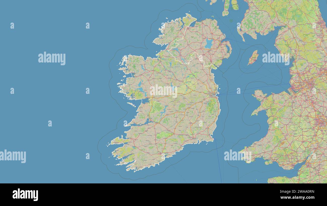 Ireland outlined on a topographic, OSM Germany style map Stock Photo ...