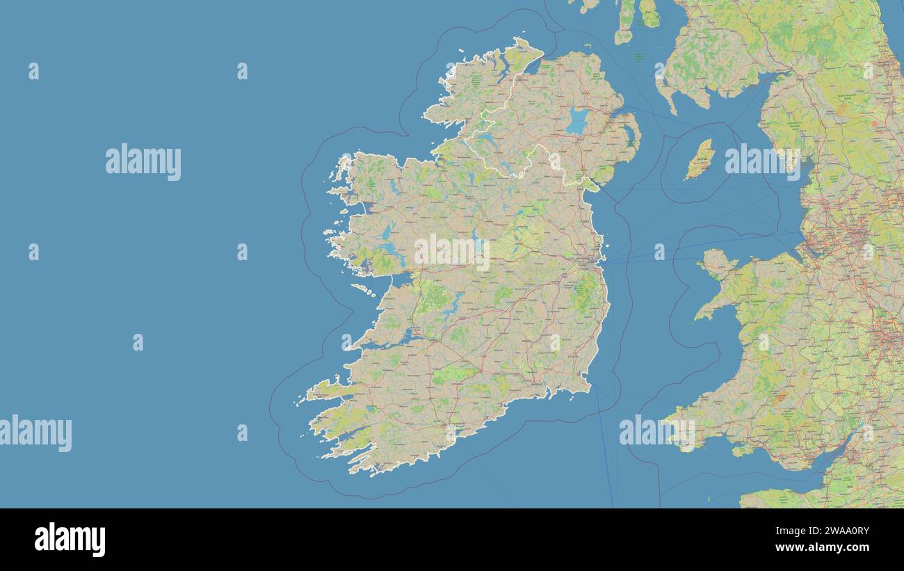 Ireland outlined on a topographic, OSM standard style map Stock Photo ...