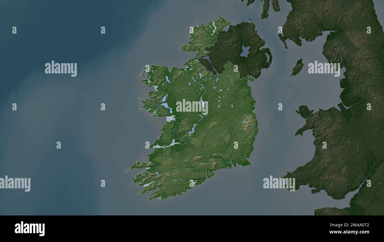 Ireland highlighted on a Pale colored elevation map with lakes and ...