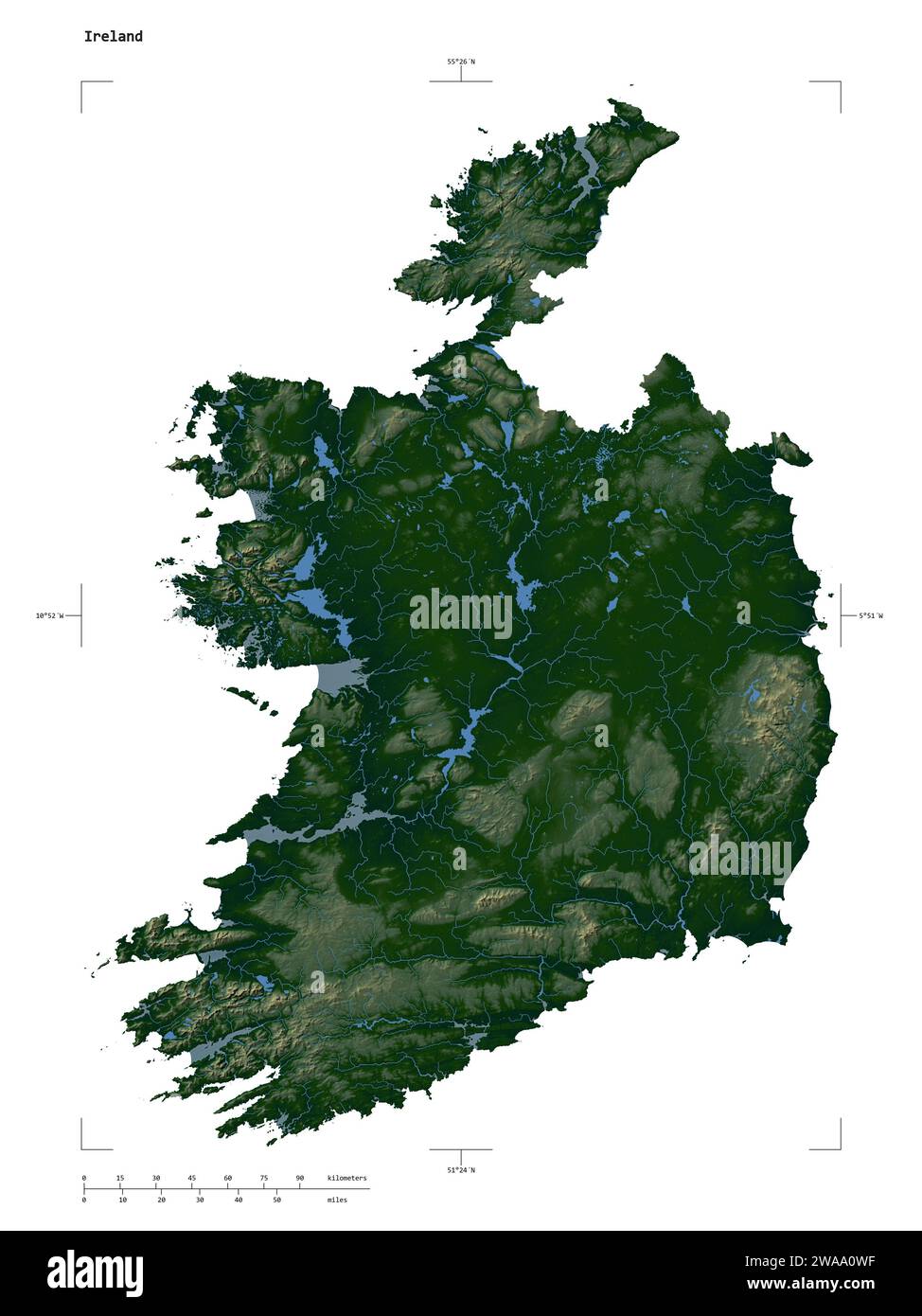Shape of a Colored elevation map with lakes and rivers of the Ireland ...