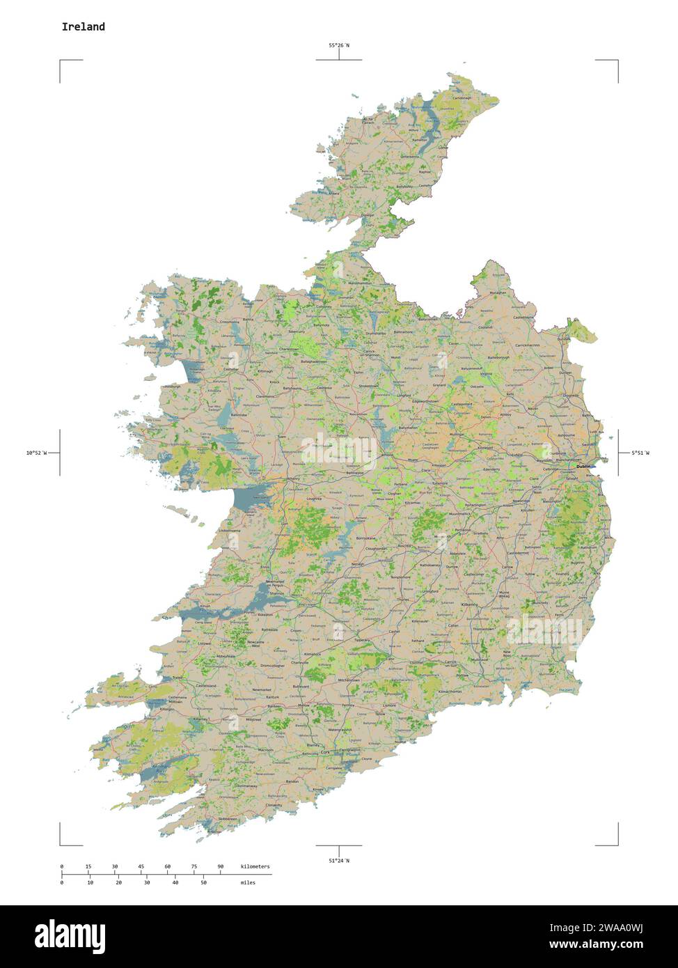 Shape of a topographic, OSM France style map of the Ireland, with ...