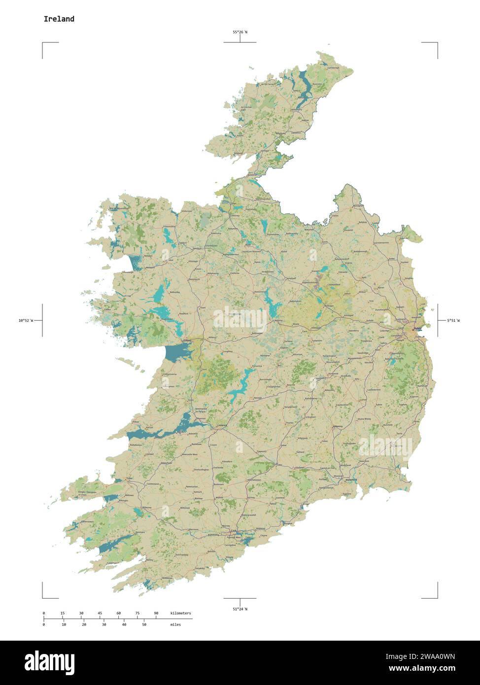 Shape of a topographic, OSM Humanitarian style map of the Ireland, with ...