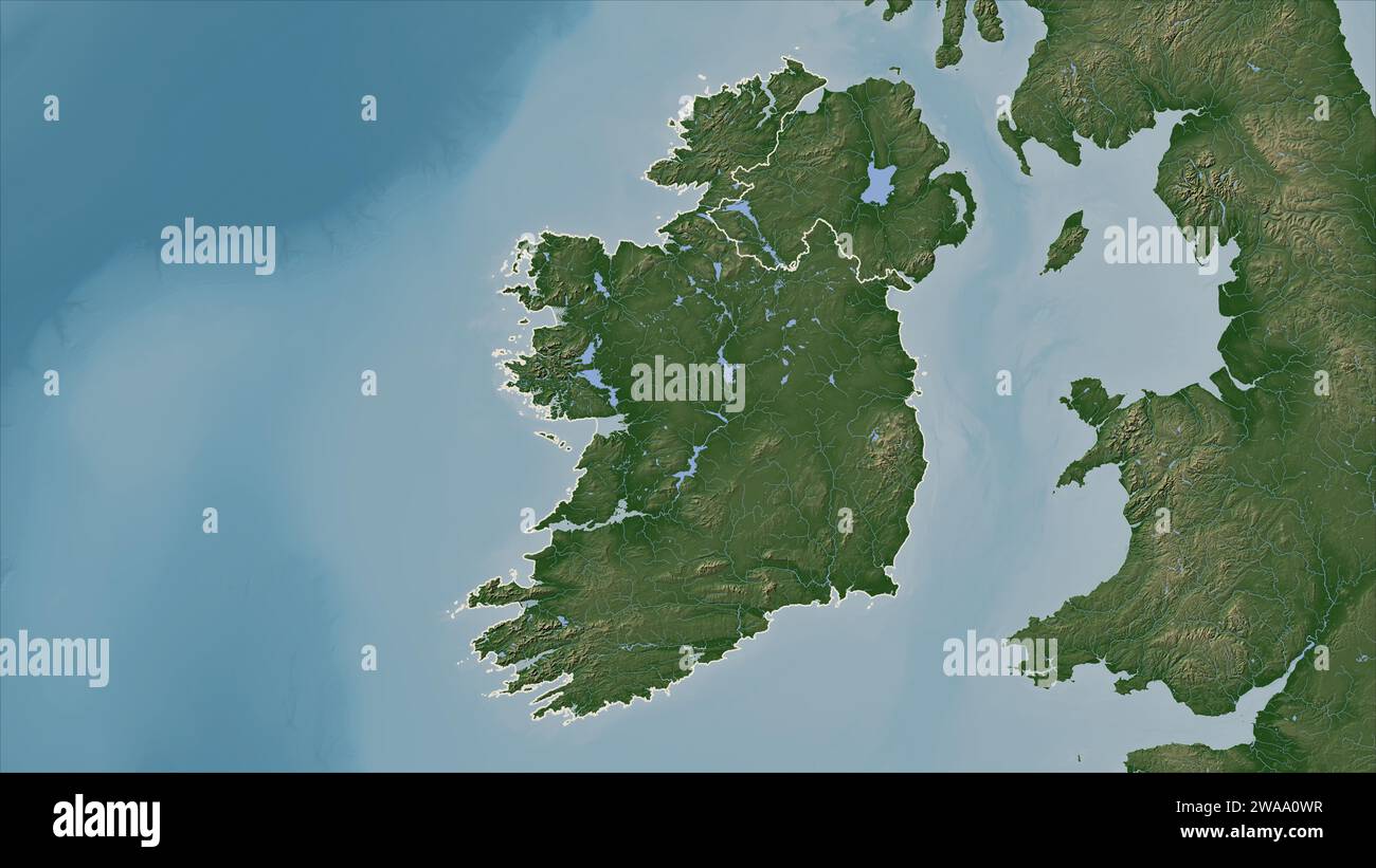 Ireland outlined on a Pale colored elevation map with lakes and rivers ...