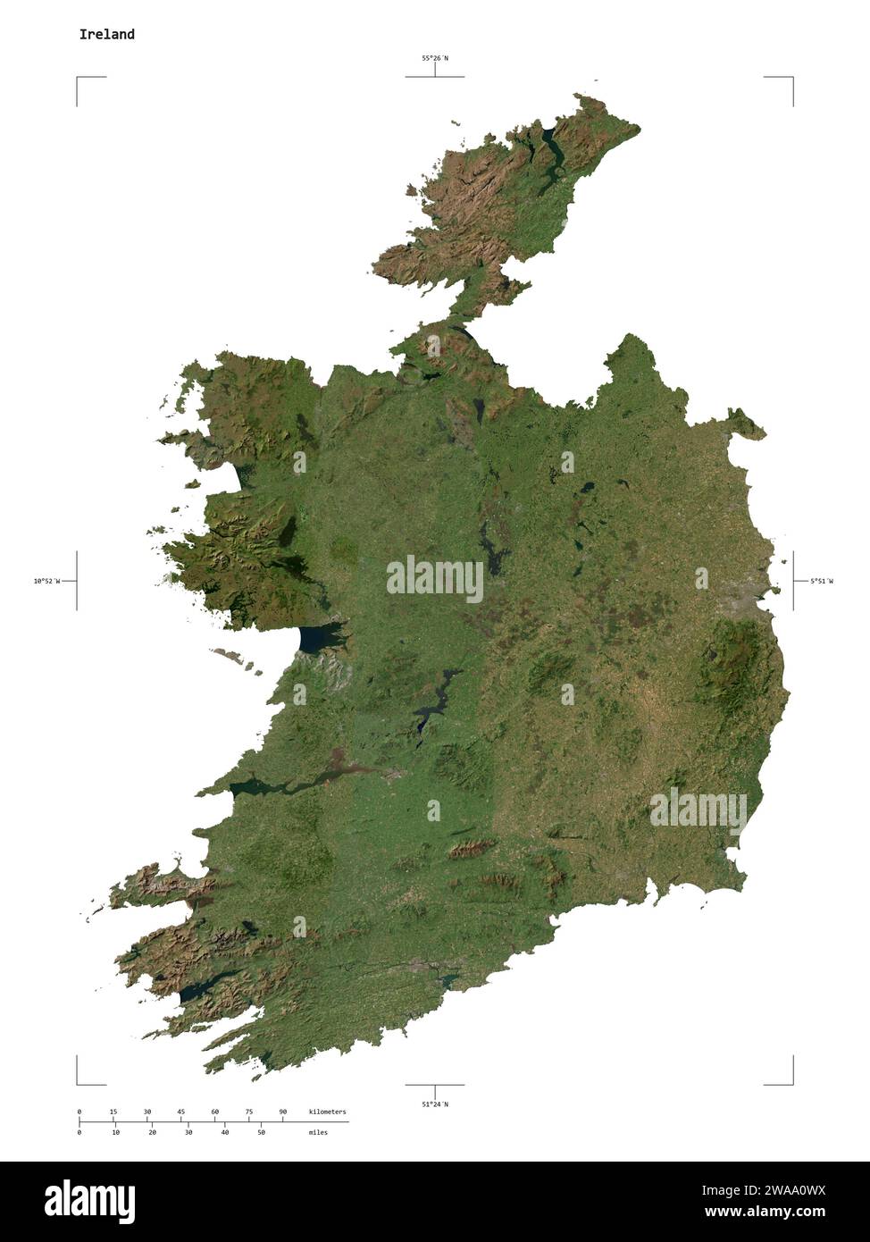 Shape of a low resolution satellite map of the Ireland, with distance ...