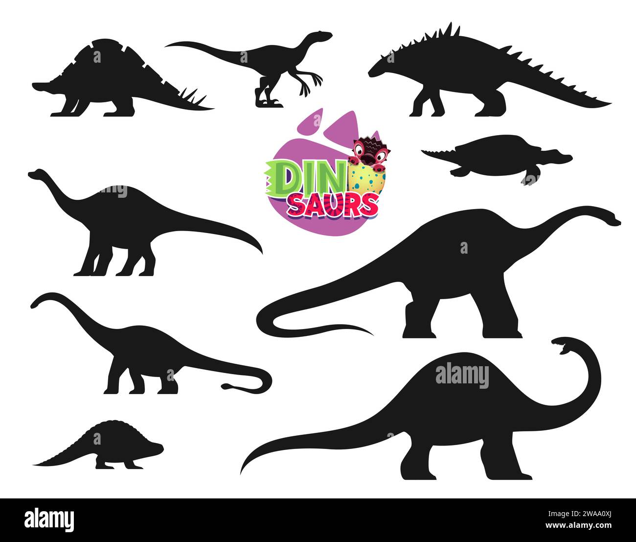 Funny dinosaurs cartoon personages silhouettes. Wuerhosaurus, Eoraptor ...