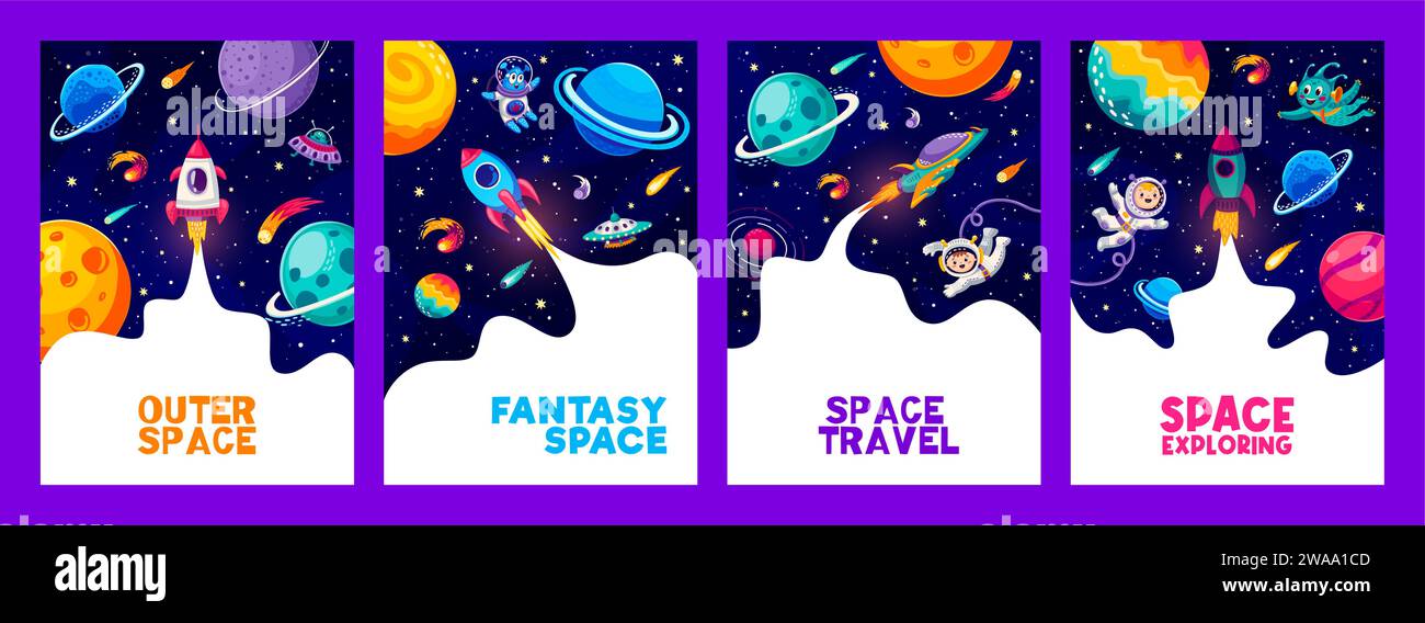 Space flyers, posters and banners with cartoon astronauts, ufo and ...