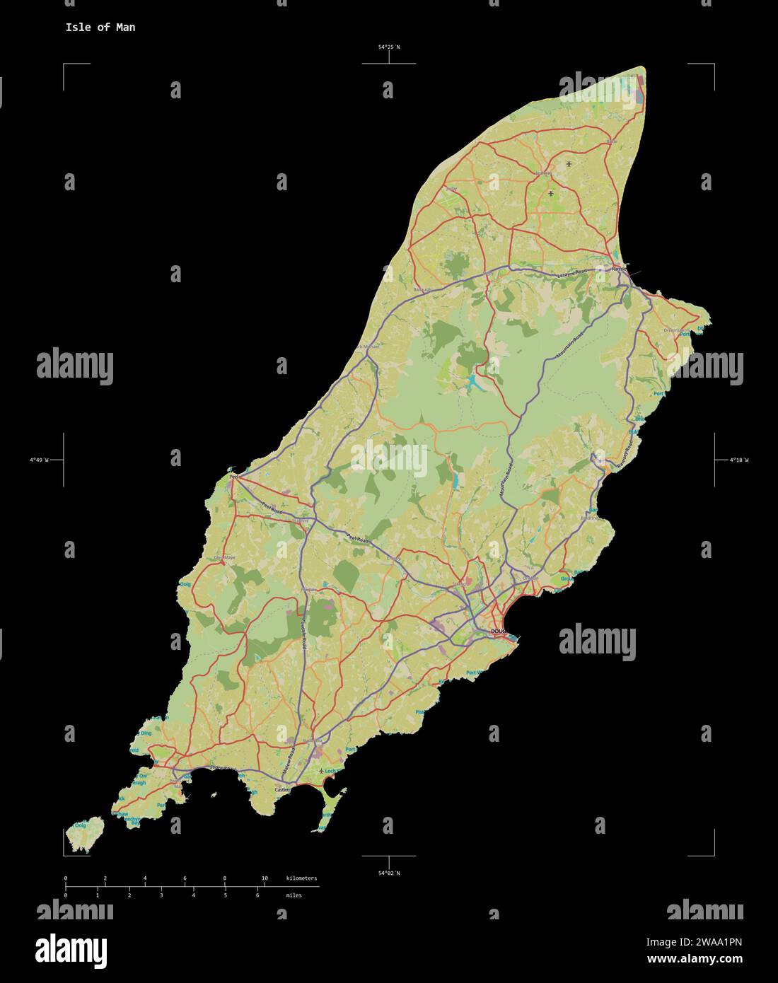 Shape of a topographic, OSM Humanitarian style map of the Isle of Man ...