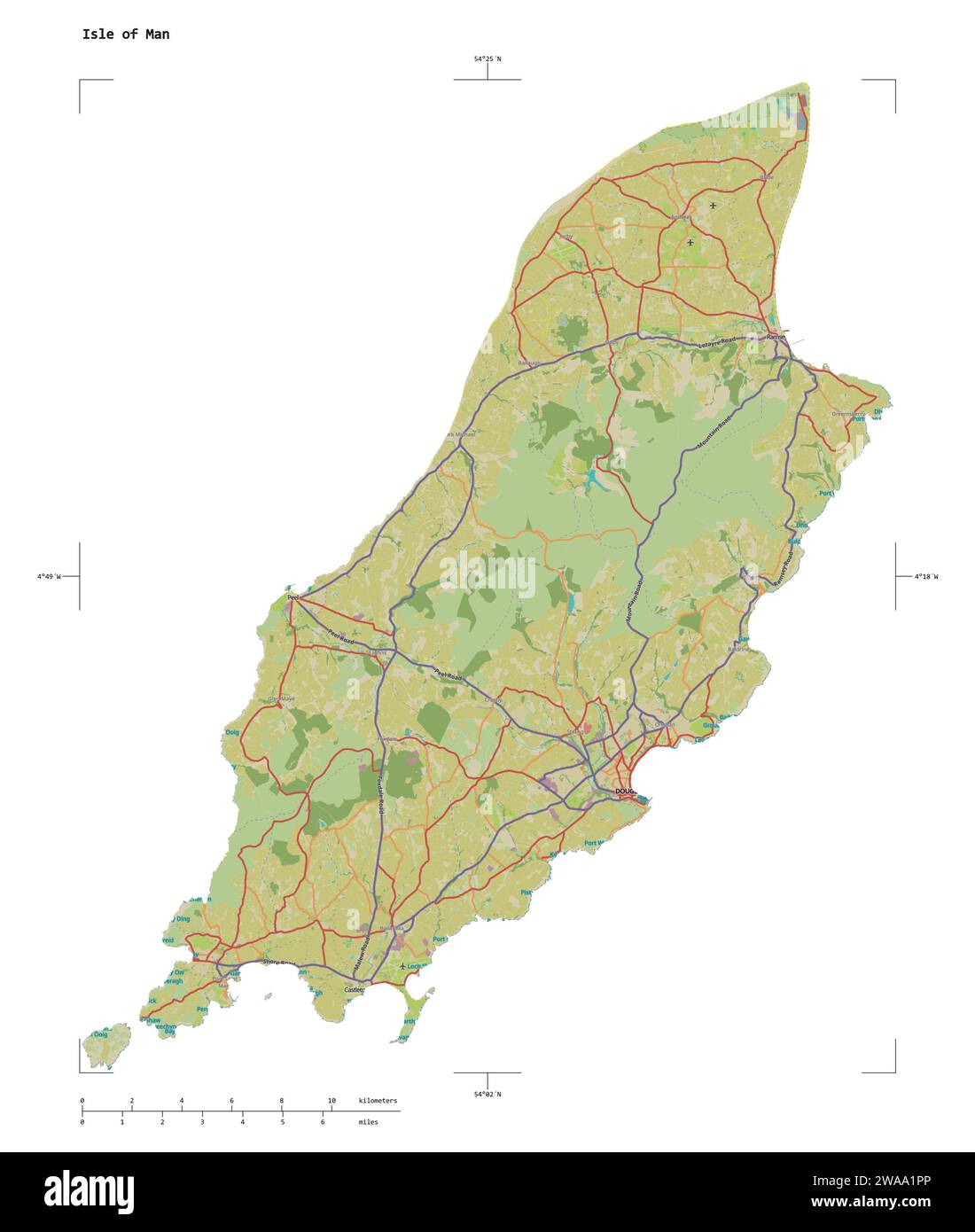 Shape of a topographic, OSM Humanitarian style map of the Isle of Man ...