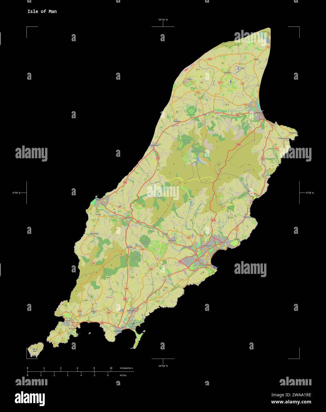 Shape of a topographic, OSM standard style map of the Isle of Man, with ...