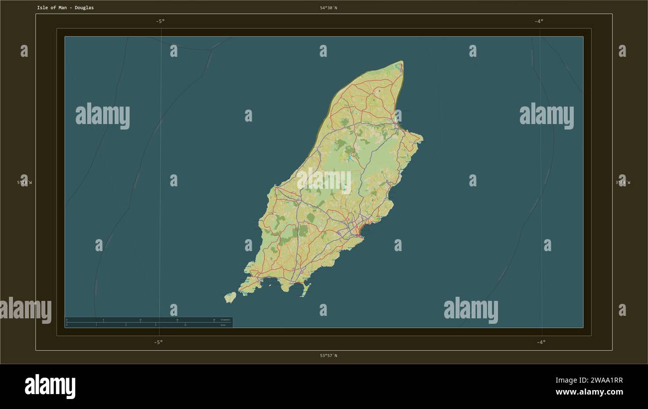 Isle of Man highlighted on a topographic, OSM Humanitarian style map ...