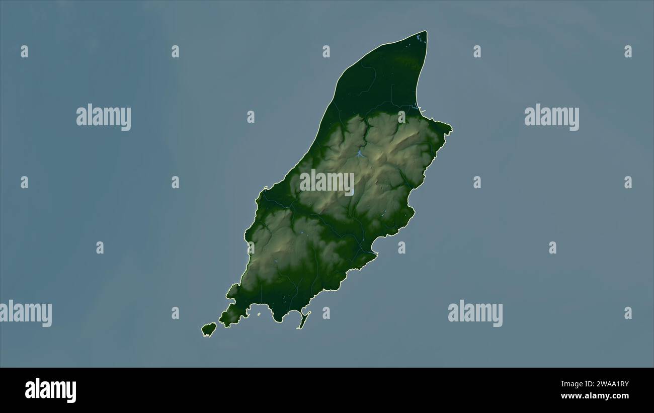 Isle of Man outlined on a Colored elevation map with lakes and rivers ...