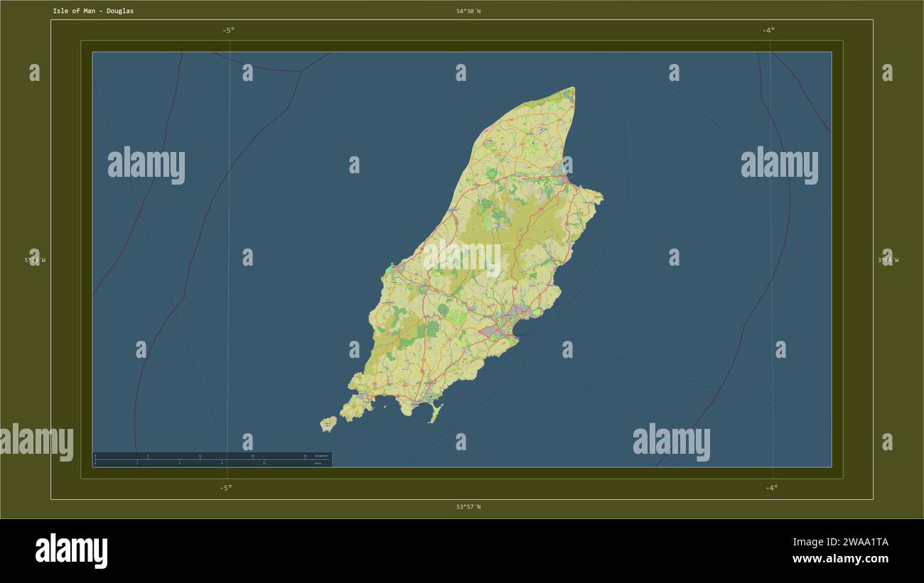 Isle of Man highlighted on a topographic, OSM standard style map map ...