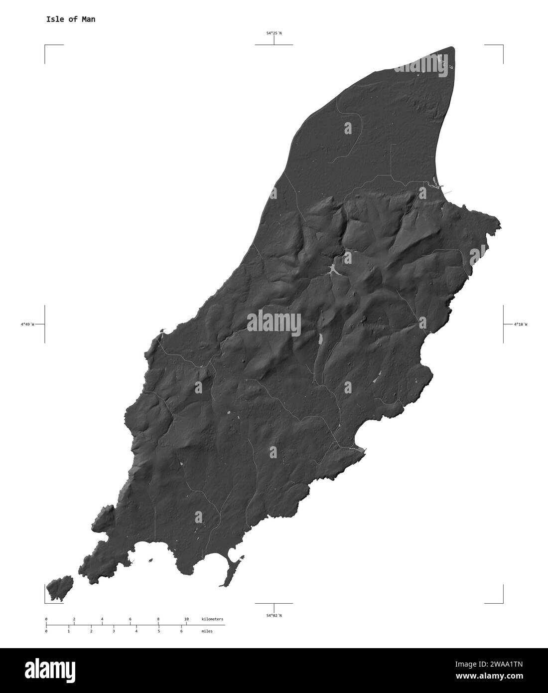 Shape of a Bilevel elevation map with lakes and rivers of the Isle of Man, with distance scale ...