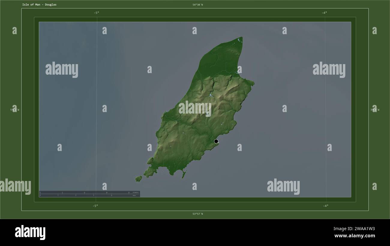Isle of Man highlighted on a Pale colored elevation map with lakes and ...