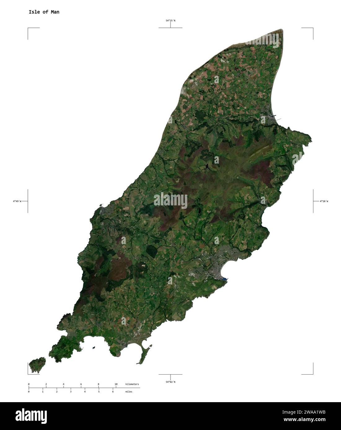 Shape of a low resolution satellite map of the Isle of Man, with distance scale and map border ...