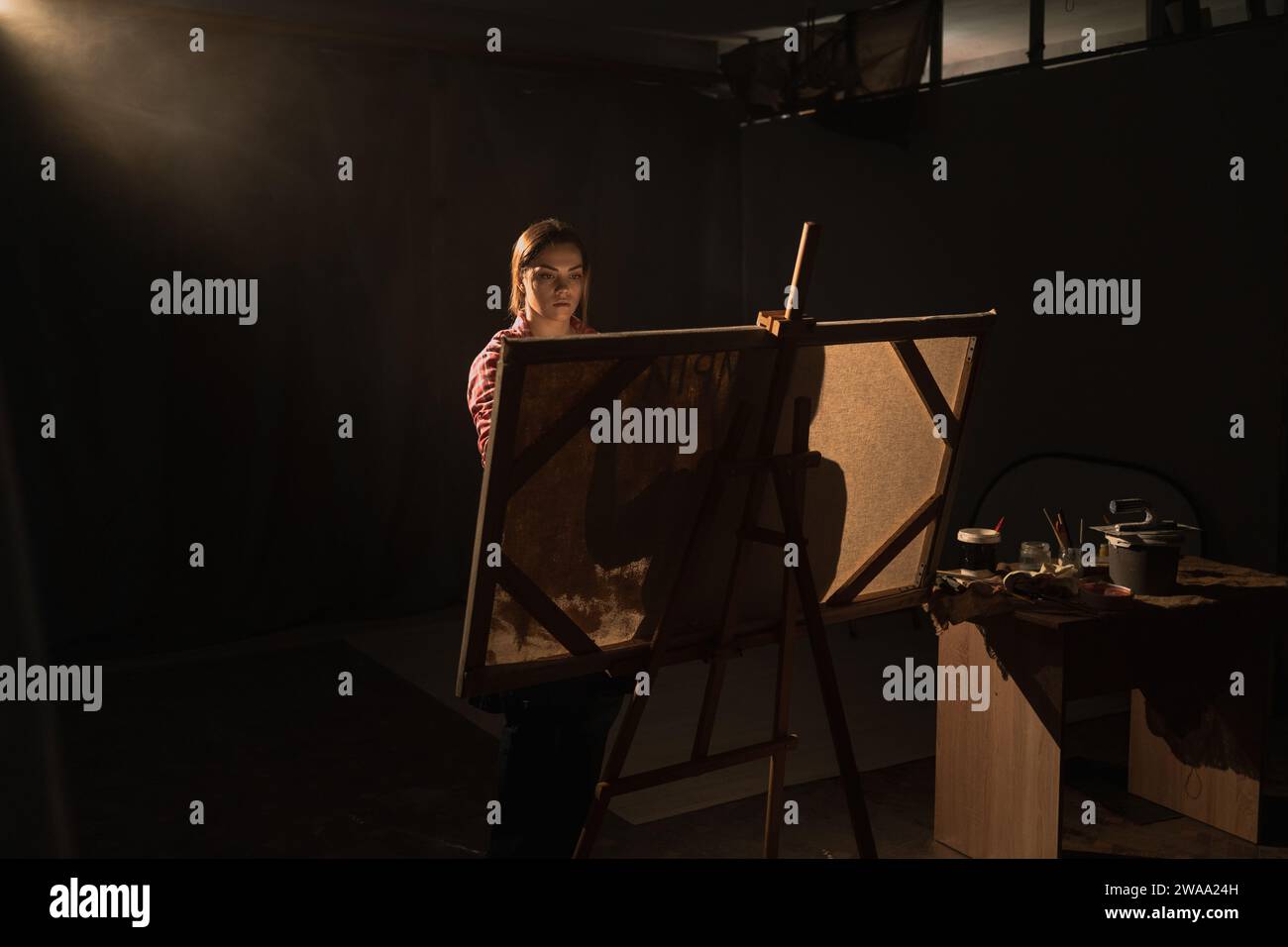 Artist painter works in art workshop abstract masterpiece painting ...