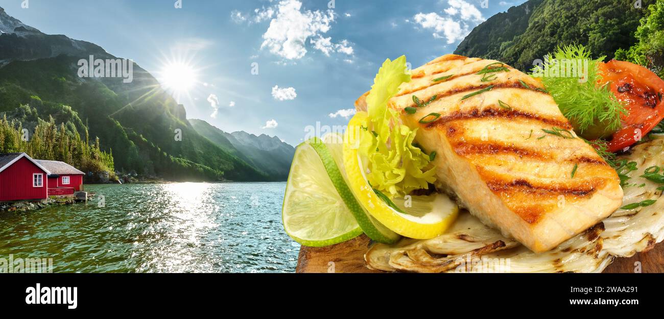 Scandinavian Fjord with raw Salmon Fish Fillet - Panorama Stock Photo ...