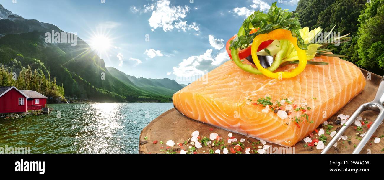 Scandinavian Fjord with raw Salmon Fish Fillet - Panorama Stock Photo ...