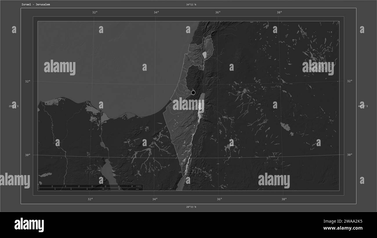 Israel highlighted on a Bilevel elevation map with lakes and rivers map ...