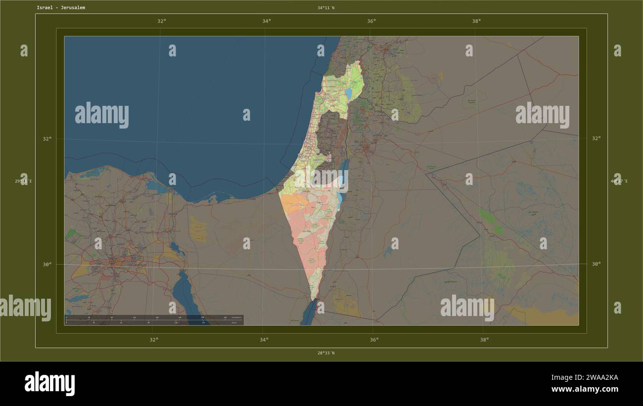 Israel highlighted on a topographic, OSM standard style map map with ...