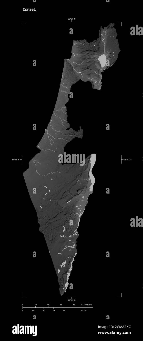 Shape of a Grayscale elevation map with lakes and rivers of the Israel ...